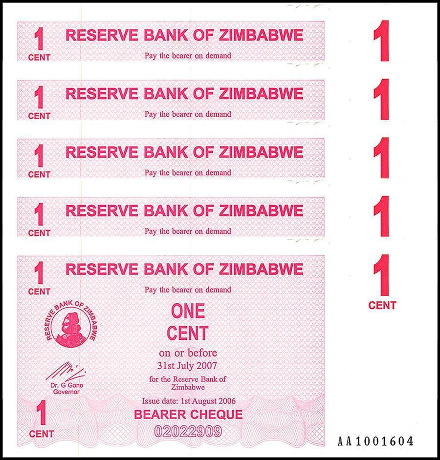 ZIMBABWE 1 CENT BEARER CHEQUE, 2006, NEW– Onehundredtrillion.com