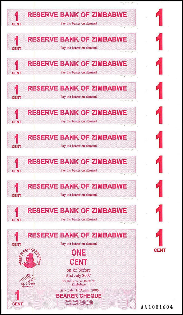 ZIMBABWE 1 CENT BEARER CHEQUE, 2006, NEW– Onehundredtrillion.com