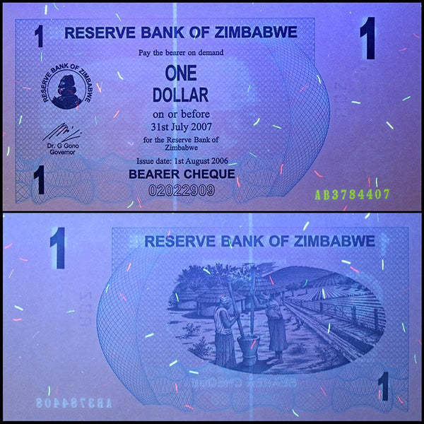ZIMBABWE 1 DOLLAR BEARER CHEQUE, 2006, NEW– Onehundredtrillion.com