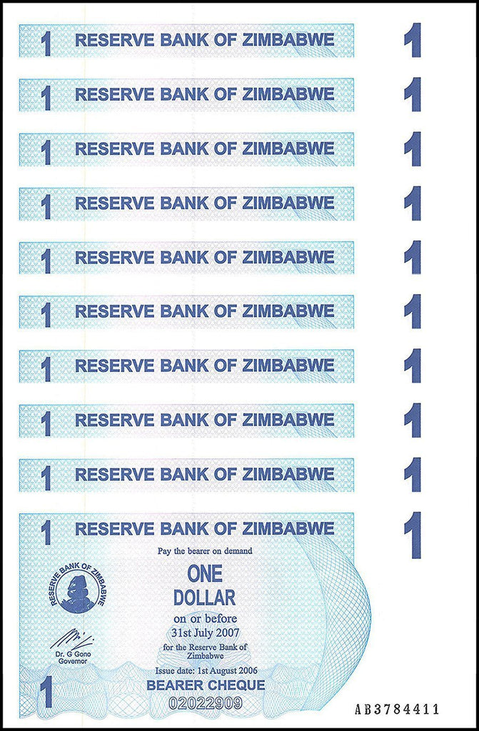 ZIMBABWE 1 DOLLAR BEARER CHEQUE, 2006, NEW– Onehundredtrillion.com