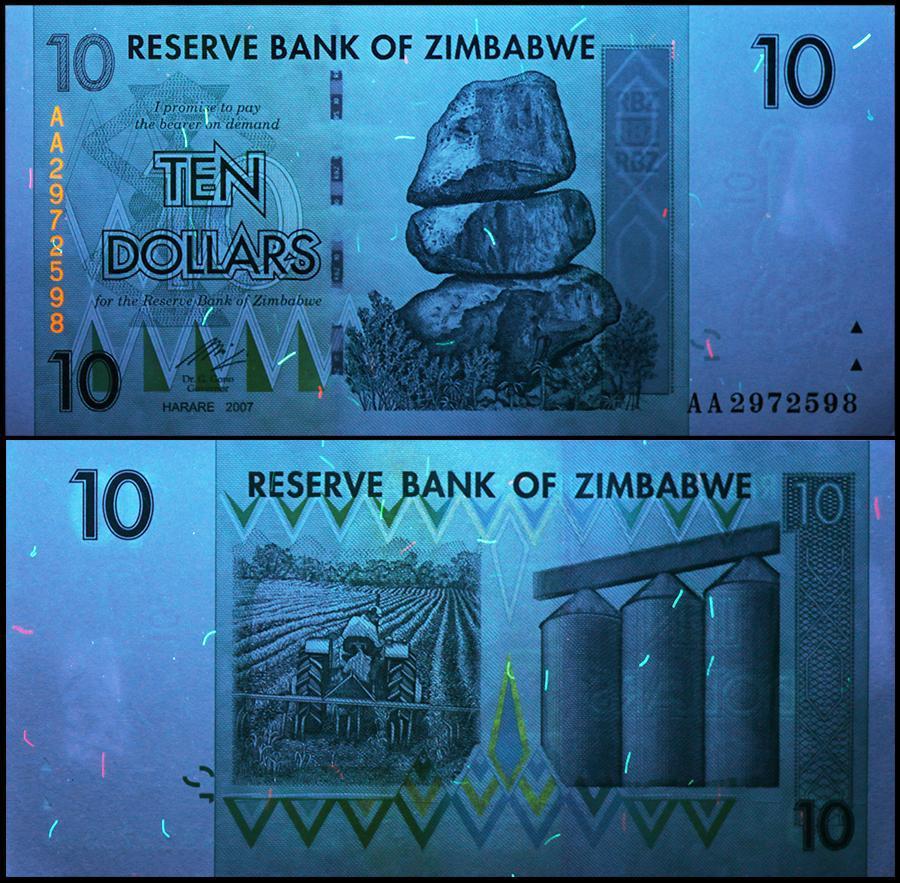 ZIMBABWE 10 DOLLAR BANKNOTE, 2007, USED– Onehundredtrillion.com