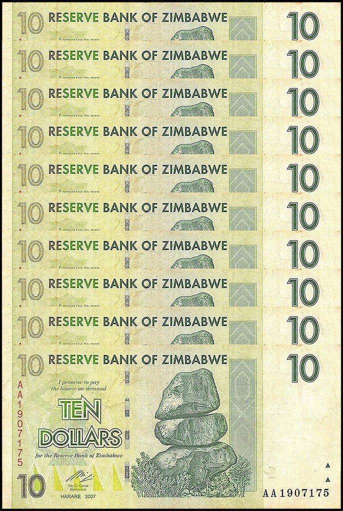 ZIMBABWE 10 DOLLAR BANKNOTE, 2007, USED– Onehundredtrillion.com