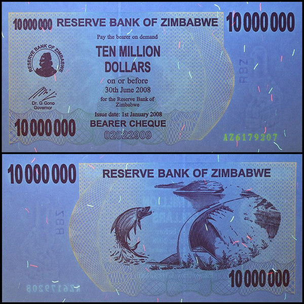 ZIMBABWE 10 MILLION DOLLAR BEARER CHEQUE, 2008, NEW– Onehundredtrillion.com