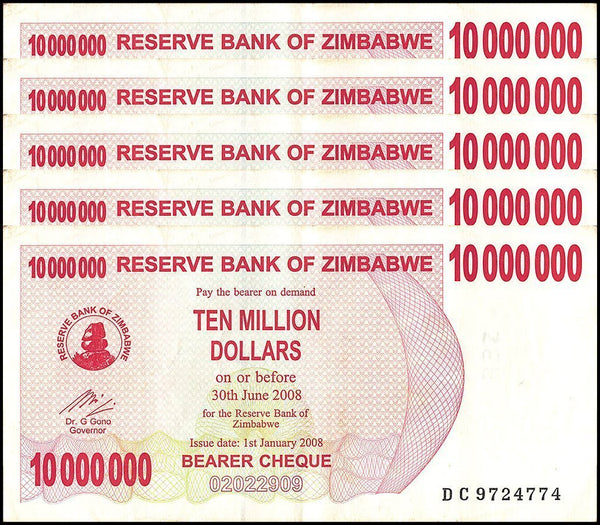ZIMBABWE 10 MILLION DOLLAR BEARER CHEQUE, 2008, USED ...