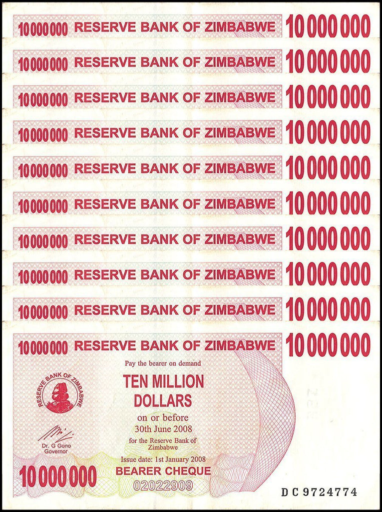 ZIMBABWE 10 MILLION DOLLAR BEARER CHEQUE, 2008, USED ...