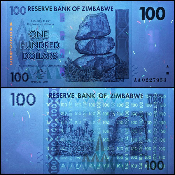 ZIMBABWE 100 DOLLAR BANKNOTE, 2007, NEW– Onehundredtrillion.com