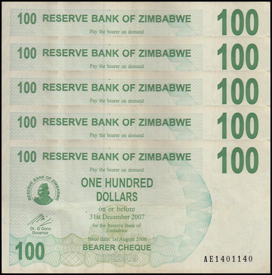 ZIMBABWE 100 DOLLAR BEARER CHEQUE, 2006, USED– Onehundredtrillion.com