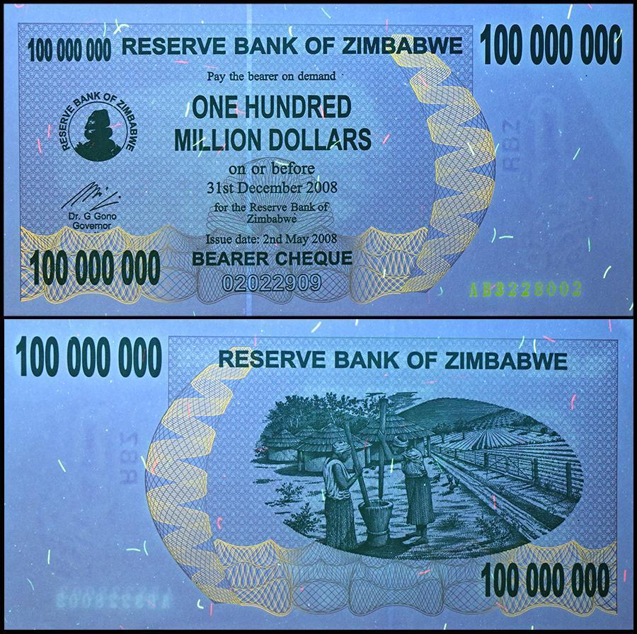 ZIMBABWE 100 MILLION DOLLAR BEARER CHEQUE, 2008, USED ...