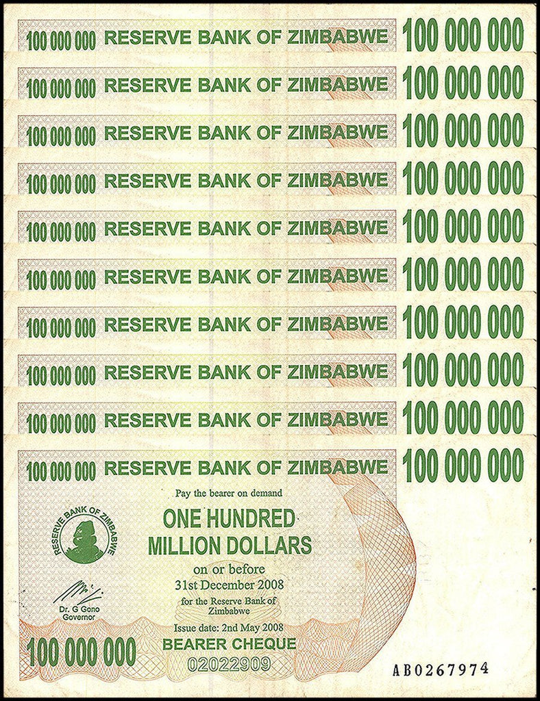 ZIMBABWE 100 MILLION DOLLAR BEARER CHEQUE, 2008, USED ...