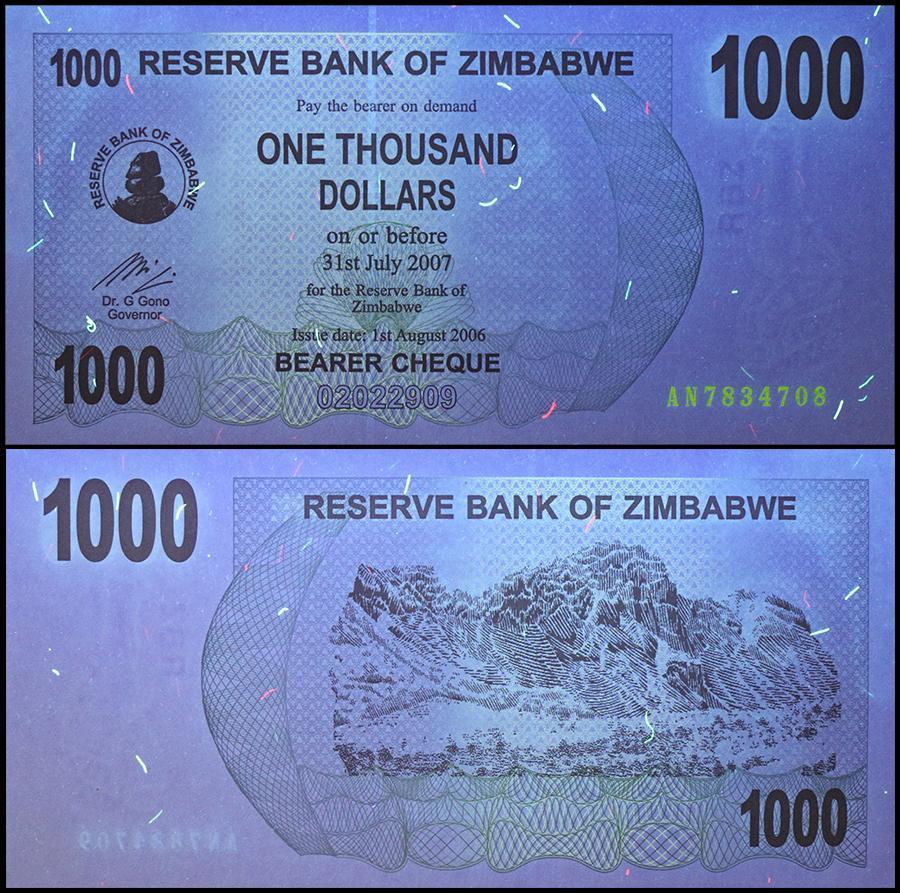 ZIMBABWE 1,000 DOLLAR BEARER CHEQUE, 2006, USED– Onehundredtrillion.com