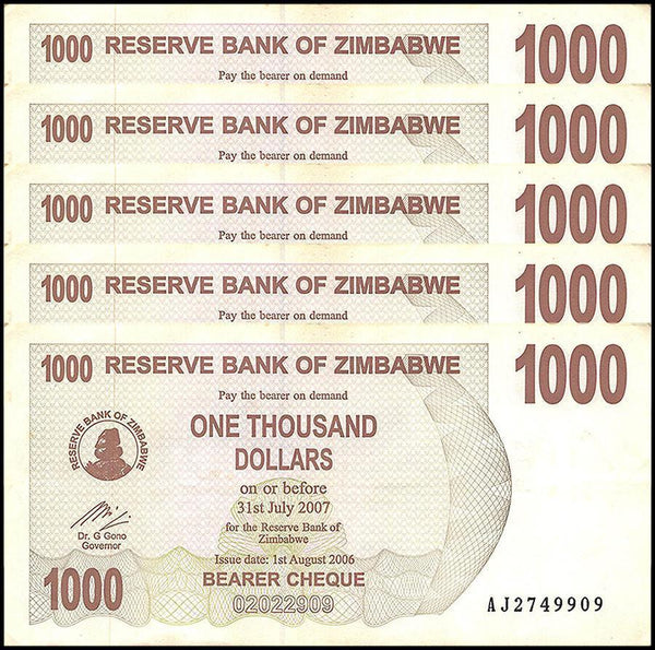 ZIMBABWE 1,000 DOLLAR BEARER CHEQUE, 2006, USED– Onehundredtrillion.com