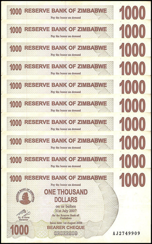 ZIMBABWE 1,000 DOLLAR BEARER CHEQUE, 2006, USED– Onehundredtrillion.com