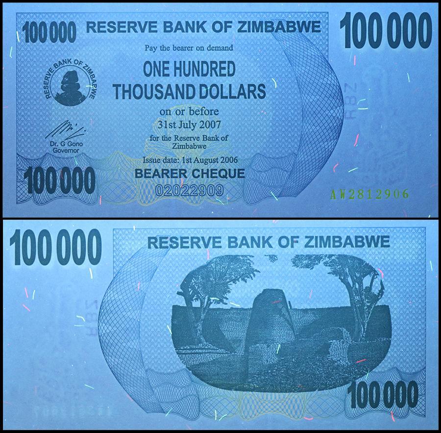 ZIMBABWE 100,000 DOLLAR BEARER CHEQUE, 2006, USED– Onehundredtrillion.com