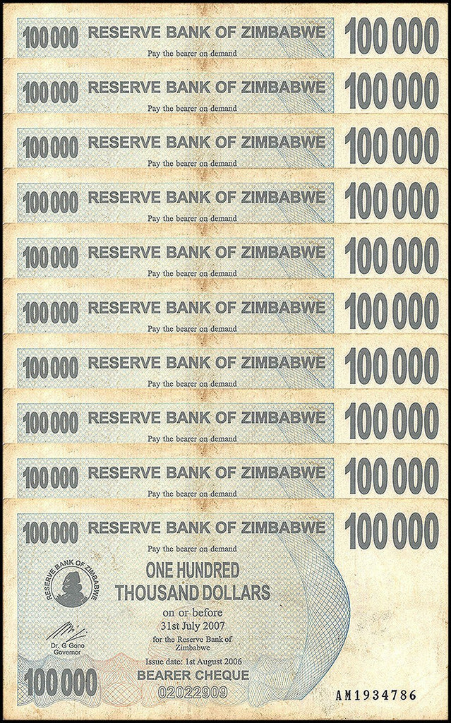 ZIMBABWE 100,000 DOLLAR BEARER CHEQUE, 2006, USED– Onehundredtrillion.com