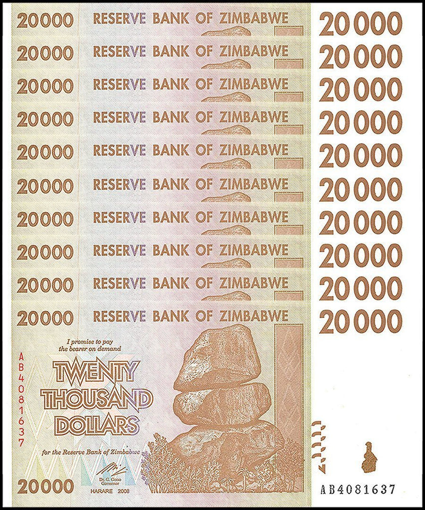 ZIMBABWE 20,000 DOLLAR BANKNOTE, 2008, NEW– Onehundredtrillion.com