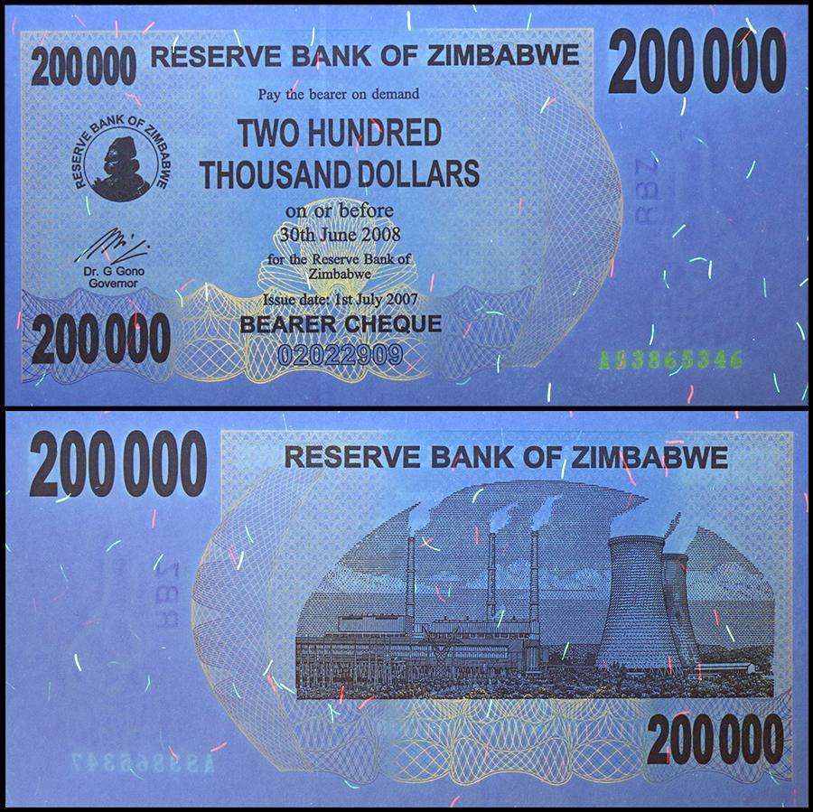 ZIMBABWE 200,000 DOLLAR BEARER CHEQUE, 2007, USED– Onehundredtrillion.com