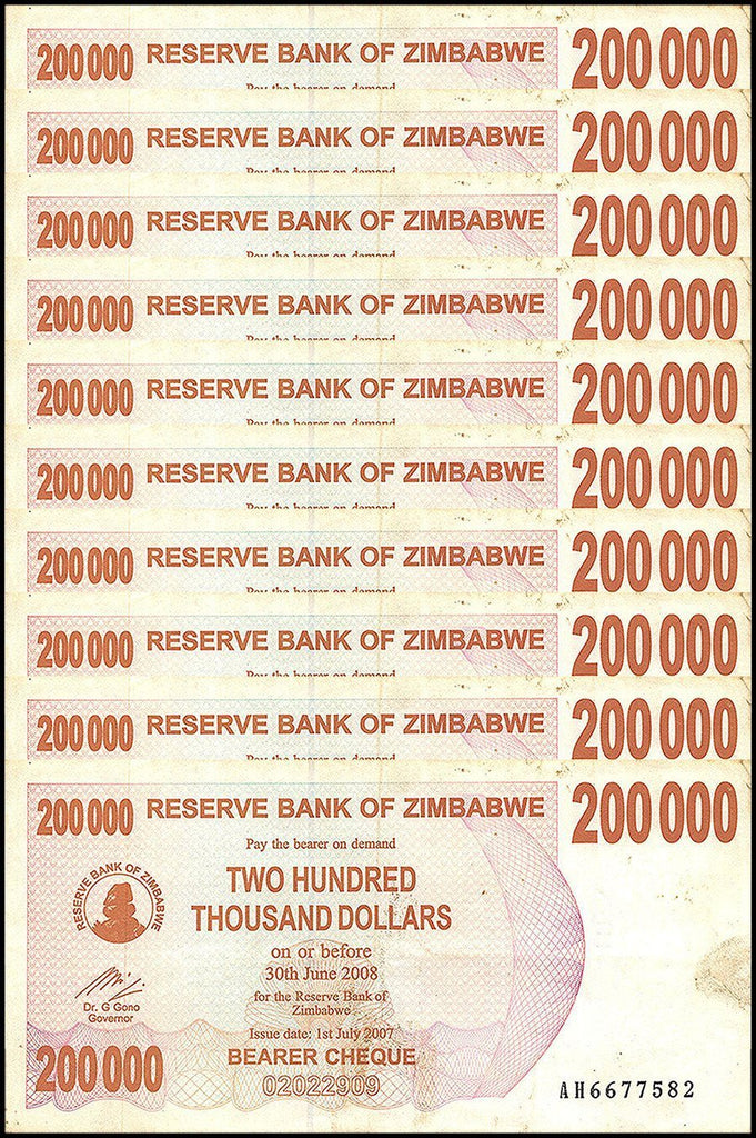 ZIMBABWE 200,000 DOLLAR BEARER CHEQUE, 2007, USED– Onehundredtrillion.com