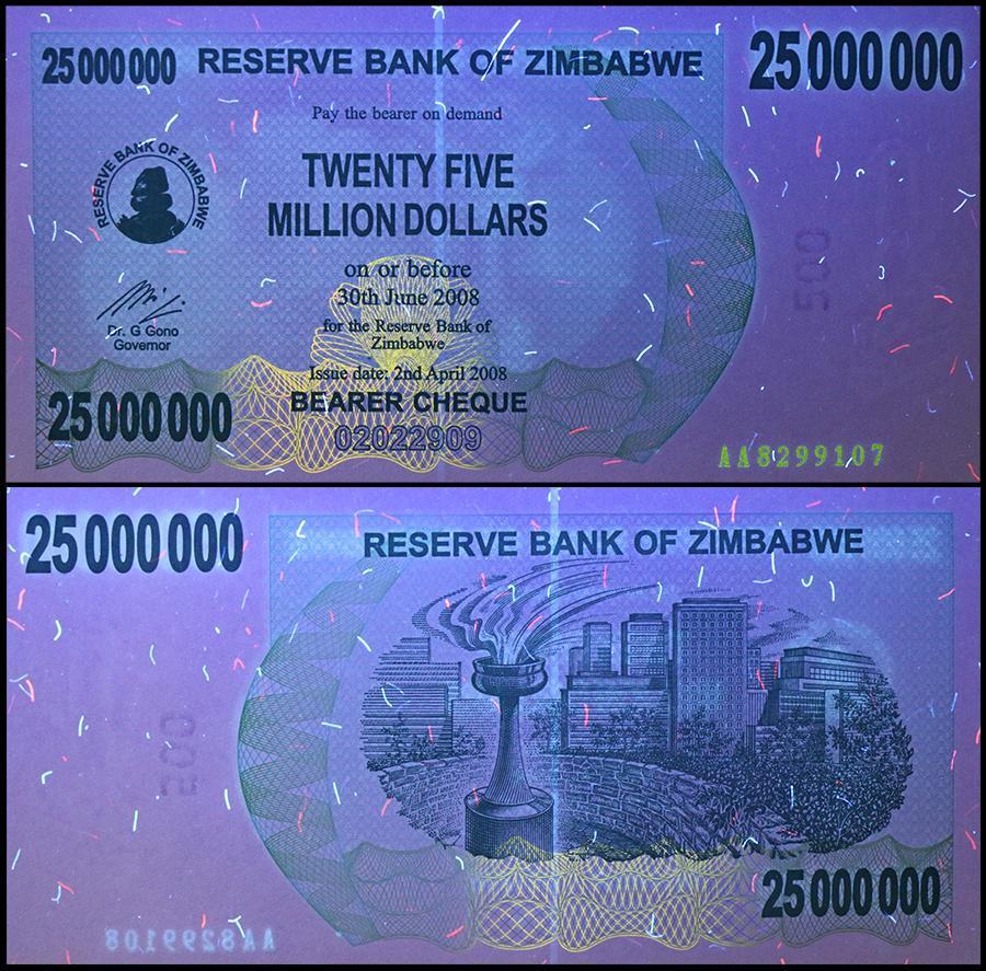 ZIMBABWE 25 MILLION DOLLAR BEARER CHEQUE, 2008, USED ...