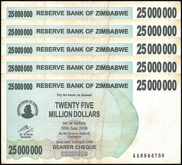 ZIMBABWE 25 MILLION DOLLAR BEARER CHEQUE, 2008, USED ...