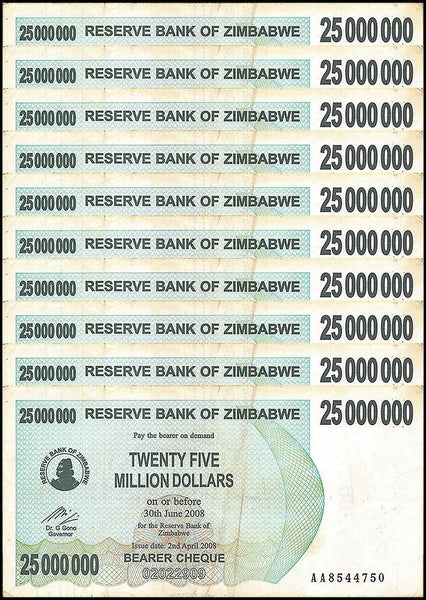 ZIMBABWE 25 MILLION DOLLAR BEARER CHEQUE, 2008, USED ...