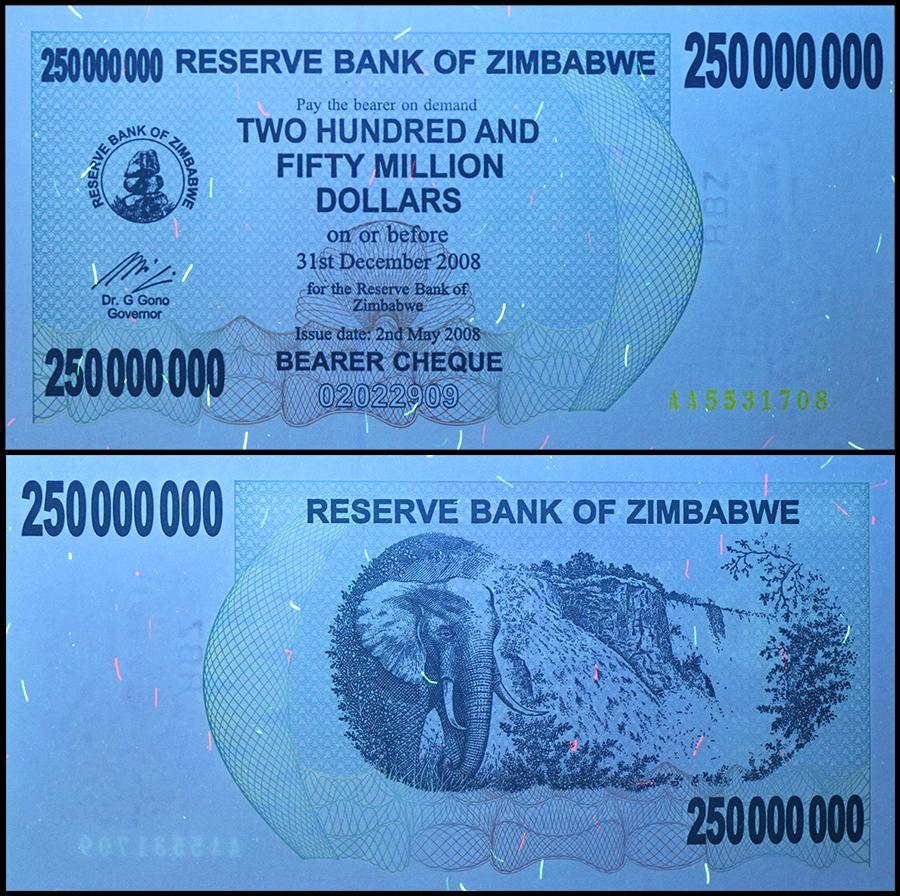ZIMBABWE 250 MILLION DOLLAR BEARER CHEQUE, 2008, USED ...