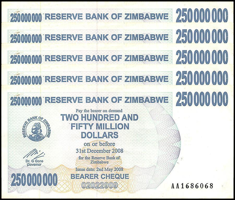 ZIMBABWE 250 MILLION DOLLAR BEARER CHEQUE, 2008, USED ...