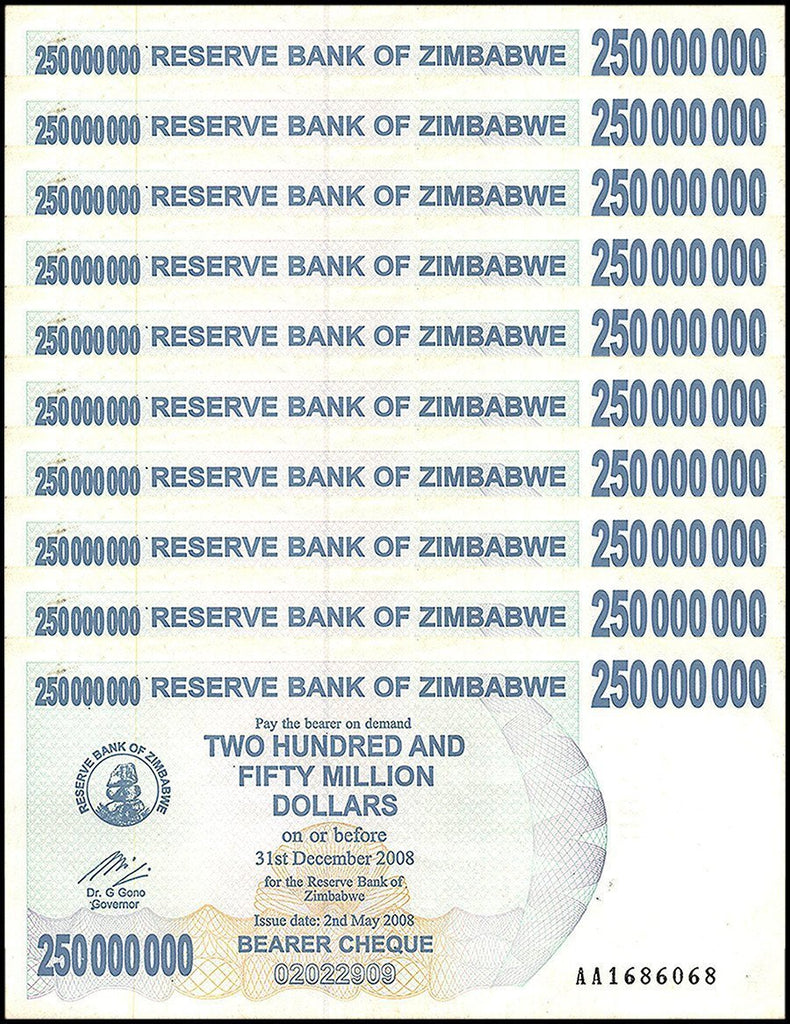 ZIMBABWE 250 MILLION DOLLAR BEARER CHEQUE, 2008, USED ...