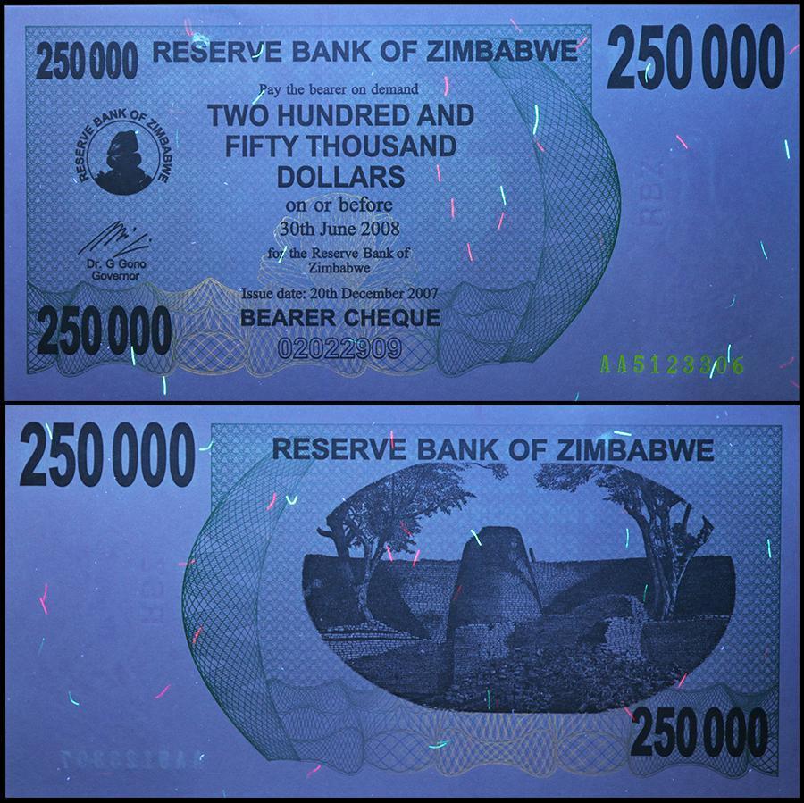 ZIMBABWE 250,000 DOLLAR BEARER CHEQUE, 2007, USED– Onehundredtrillion.com