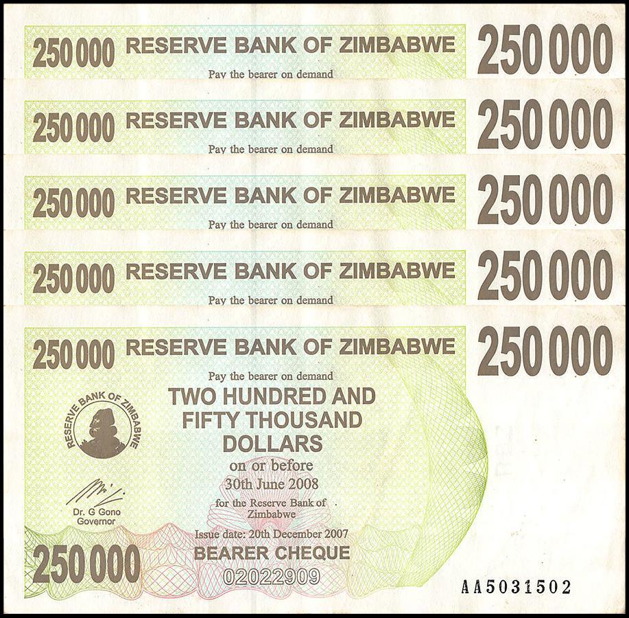ZIMBABWE 250,000 DOLLAR BEARER CHEQUE, 2007, USED– Onehundredtrillion.com