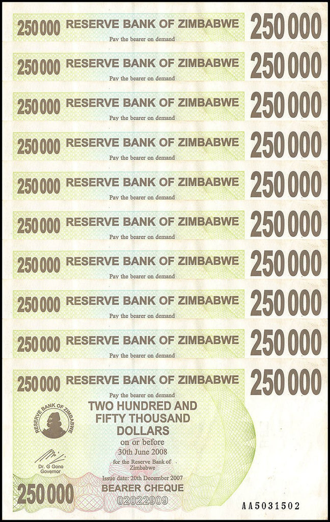 ZIMBABWE 250,000 DOLLAR BEARER CHEQUE, 2007, USED– Onehundredtrillion.com