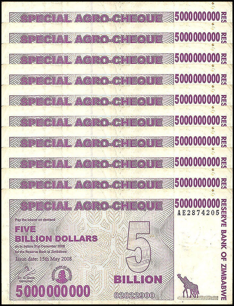 ZIMBABWE 5 BILLION DOLLAR SPECIAL AGRO-CHEQUE, 2008, USED ...