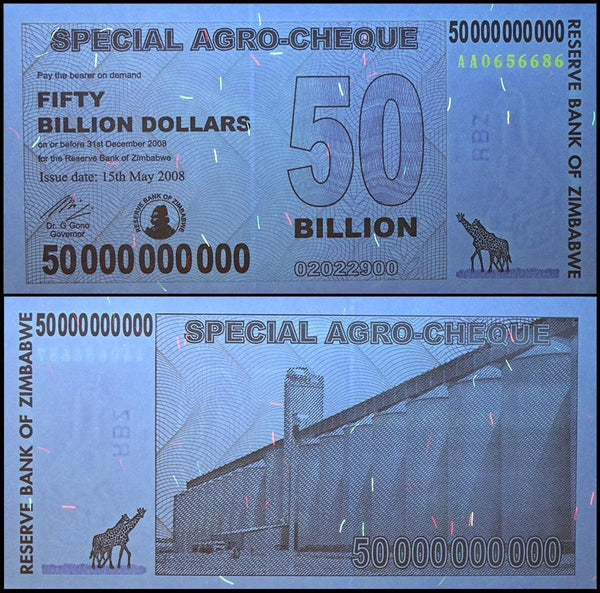ZIMBABWE 50 BILLION DOLLAR BANKNOTE SPECIAL AGRO CHEQUE, 2008, NEW ...
