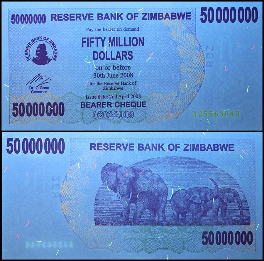 ZIMBABWE 50 MILLION DOLLAR BEARER CHEQUE, 2008, USED ...