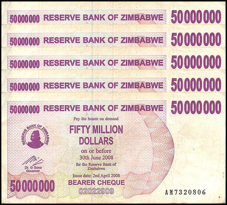 ZIMBABWE 50 MILLION DOLLAR BEARER CHEQUE, 2008, USED ...