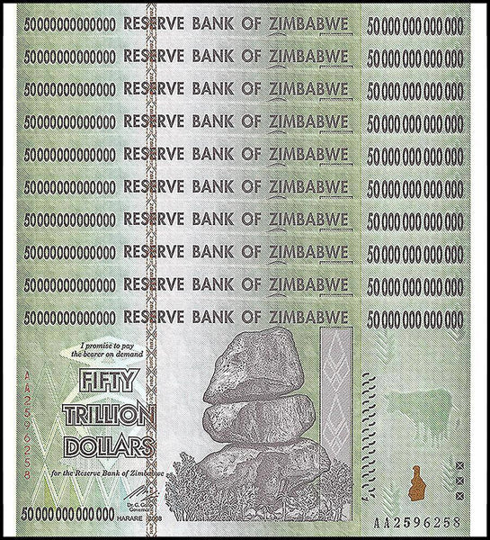 ZIMBABWE 50 TRILLION DOLLAR BANKNOTE, 2008, AA SERIES, NEW ...