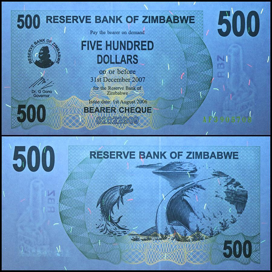 ZIMBABWE 500 DOLLAR BEARER CHEQUE, 2006, NEW– Onehundredtrillion.com