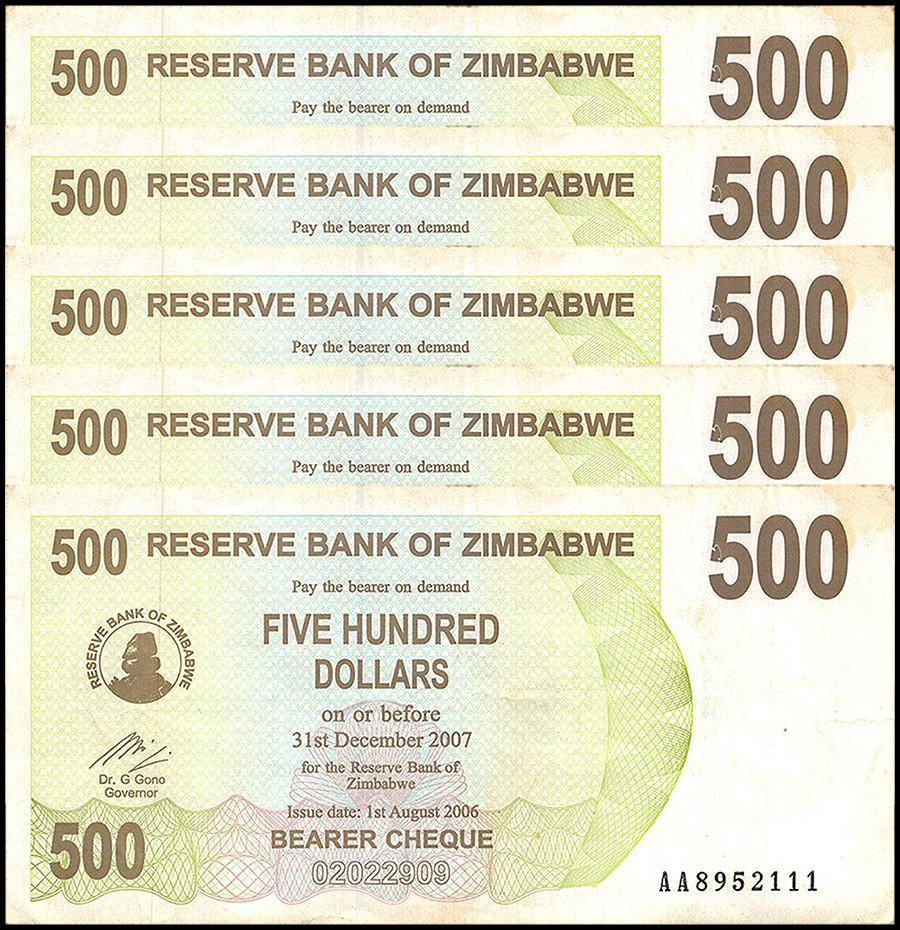 ZIMBABWE 500 DOLLAR BEARER CHEQUE, 2006, USED– Onehundredtrillion.com