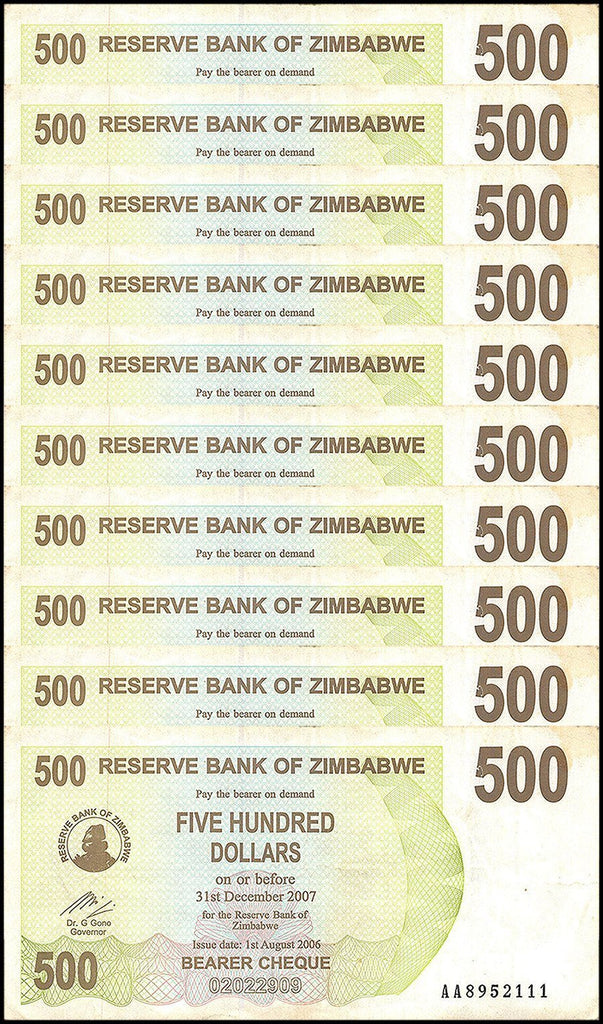 ZIMBABWE 500 DOLLAR BEARER CHEQUE, 2006, USED– Onehundredtrillion.com