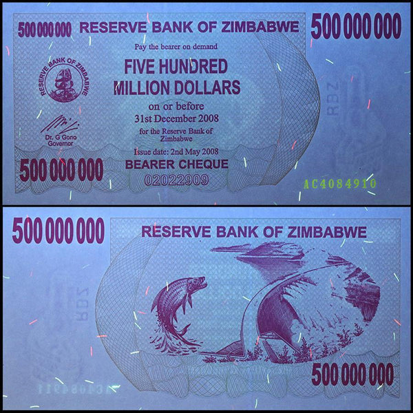 ZIMBABWE 500 MILLION DOLLAR BEARER CHEQUE, 2008, NEW– 100Trillions.com
