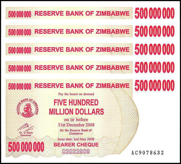 ZIMBABWE 500 MILLION DOLLAR BEARER CHEQUE, 2008, NEW ...