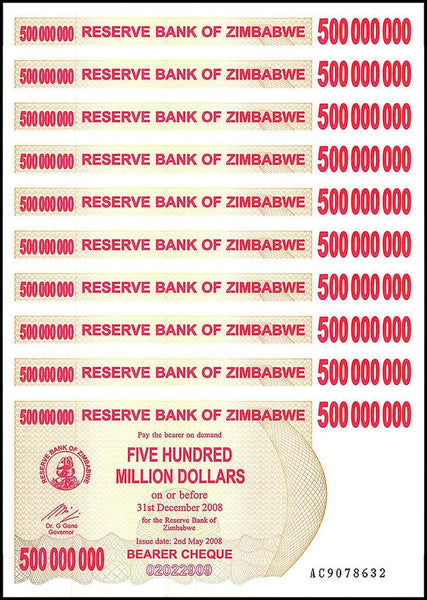 ZIMBABWE 500 MILLION DOLLAR BEARER CHEQUE, 2008, NEW– 100Trillions.com