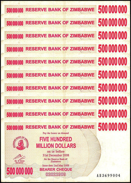 ZIMBABWE 500 MILLION DOLLAR BEARER CHEQUE, 2008, USED ...