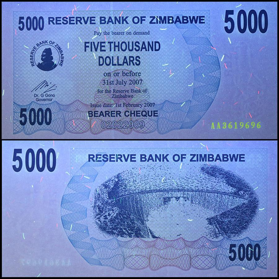 ZIMBABWE 5,000 DOLLAR BEARER CHEQUE, 2007, NEW– Onehundredtrillion.com