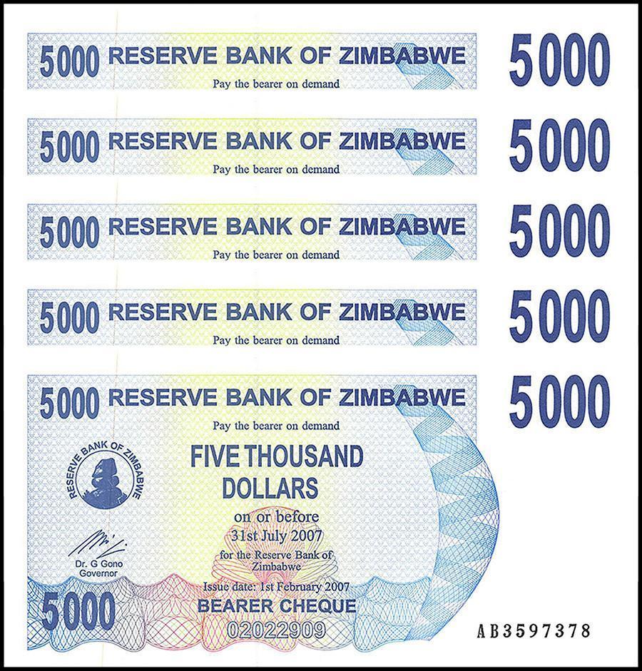 ZIMBABWE 5,000 DOLLAR BEARER CHEQUE, 2007, NEW– Onehundredtrillion.com