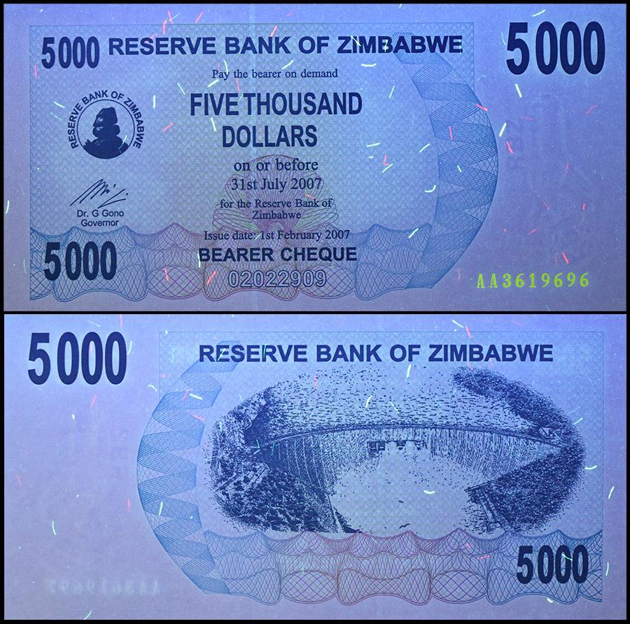 ZIMBABWE 5,000 DOLLAR BEARER CHEQUE, 2007, USED– Onehundredtrillion.com