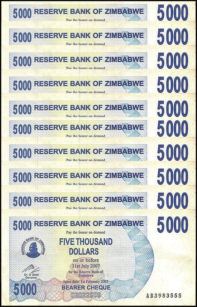 ZIMBABWE 5,000 DOLLAR BEARER CHEQUE, 2007, USED– Onehundredtrillion.com