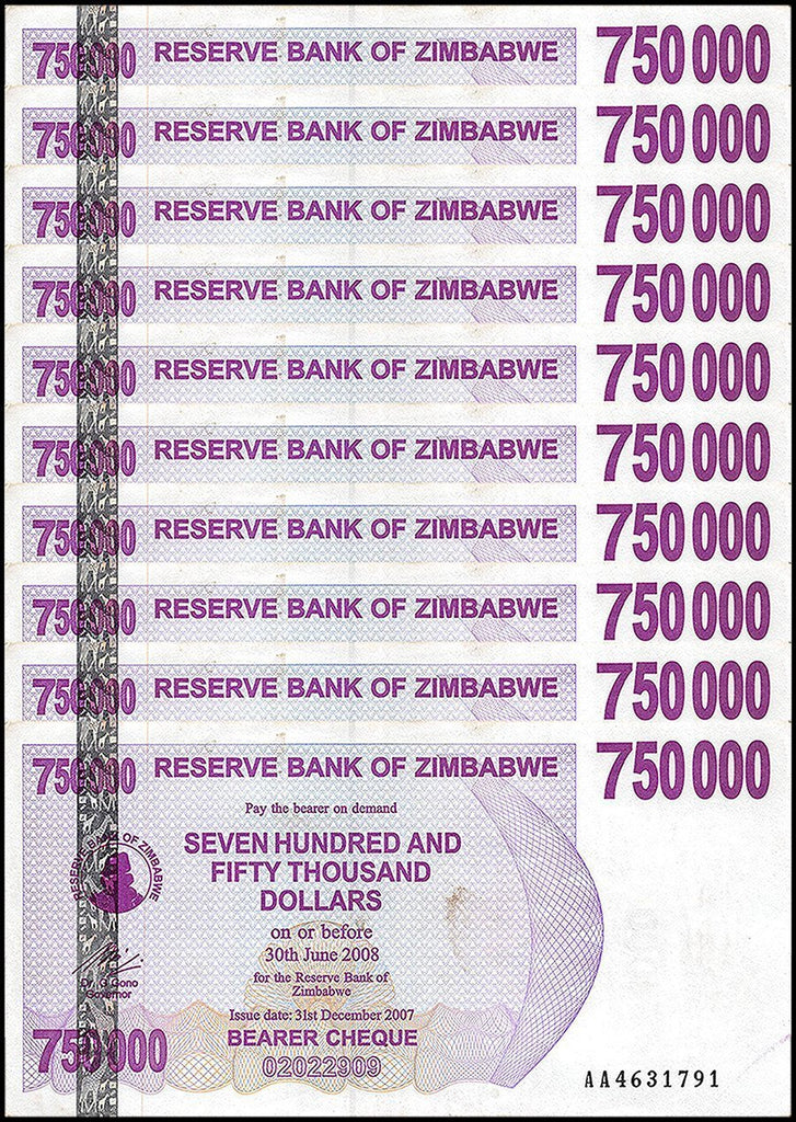 ZIMBABWE 750,000 DOLLAR BEARER CHEQUE, 2007, USED– Onehundredtrillion.com